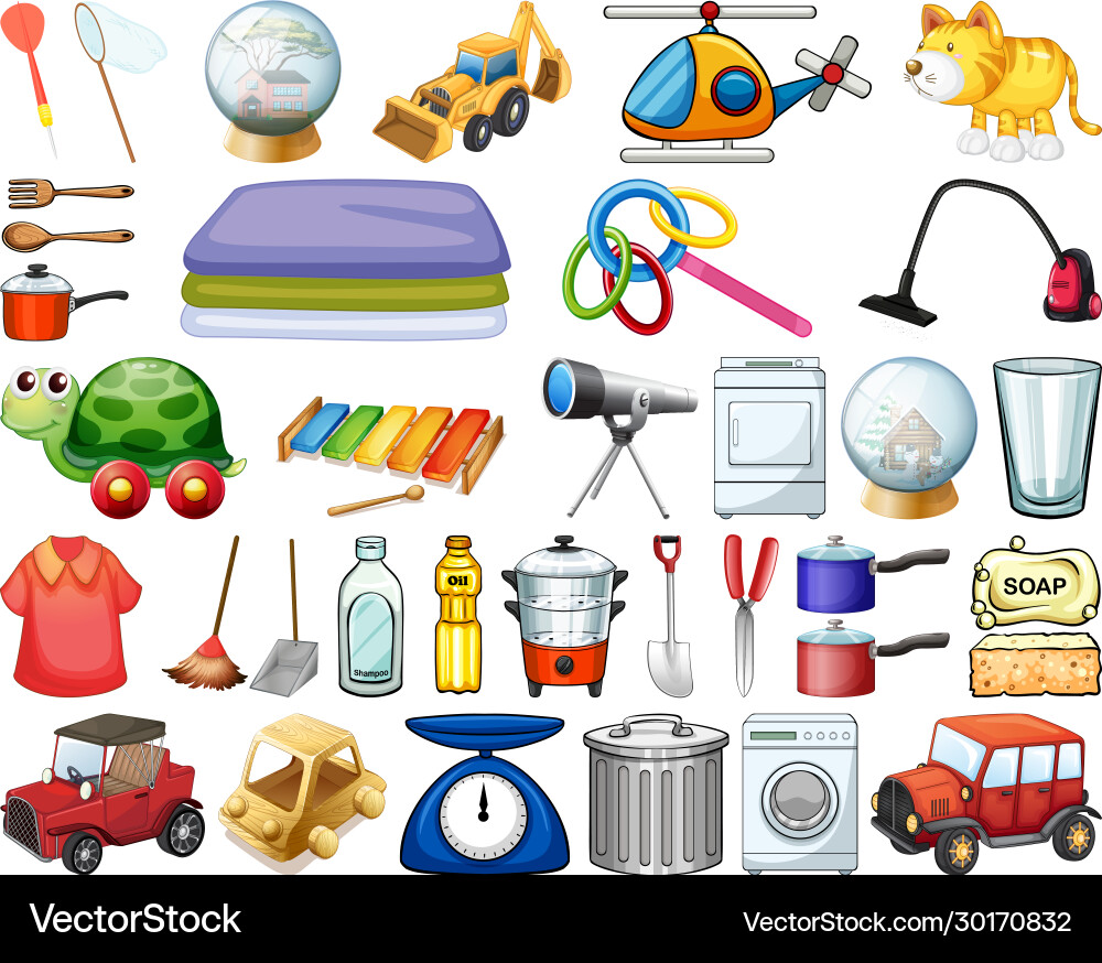 Large set household items and many toys Royalty Free Vector