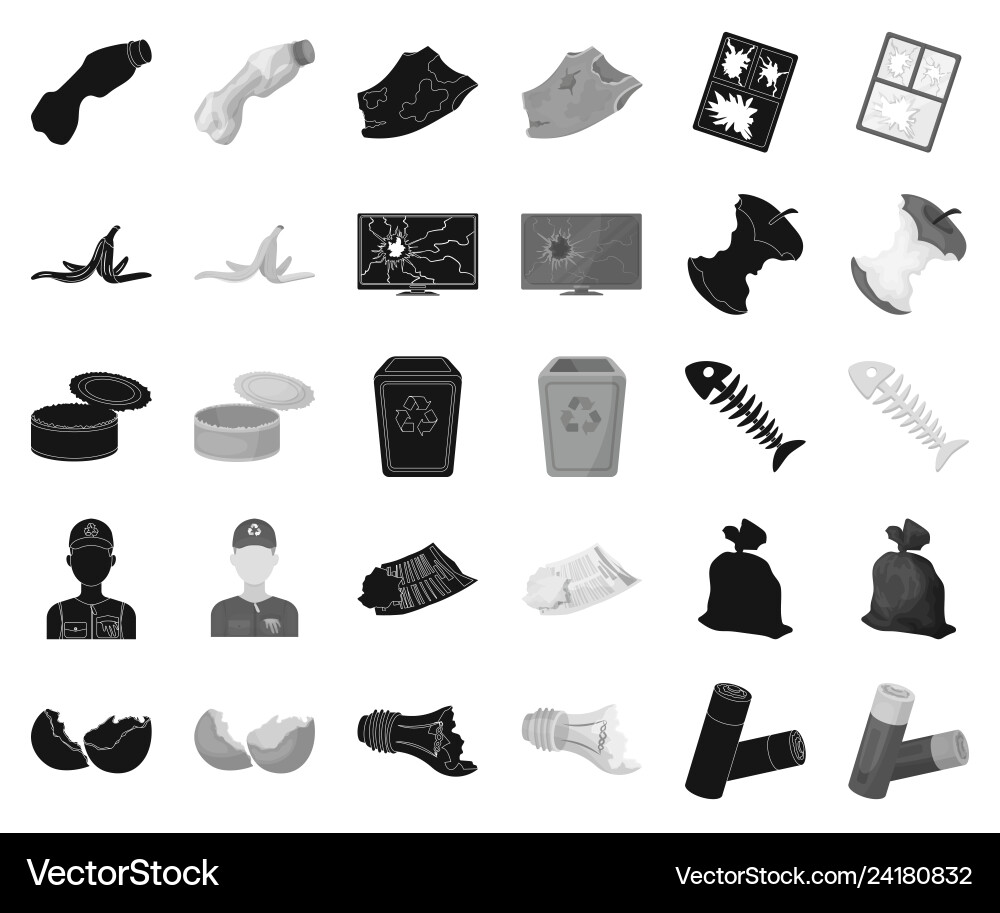 Müll und Abfall schwarz-monochrome Icons im Set Vektorbild