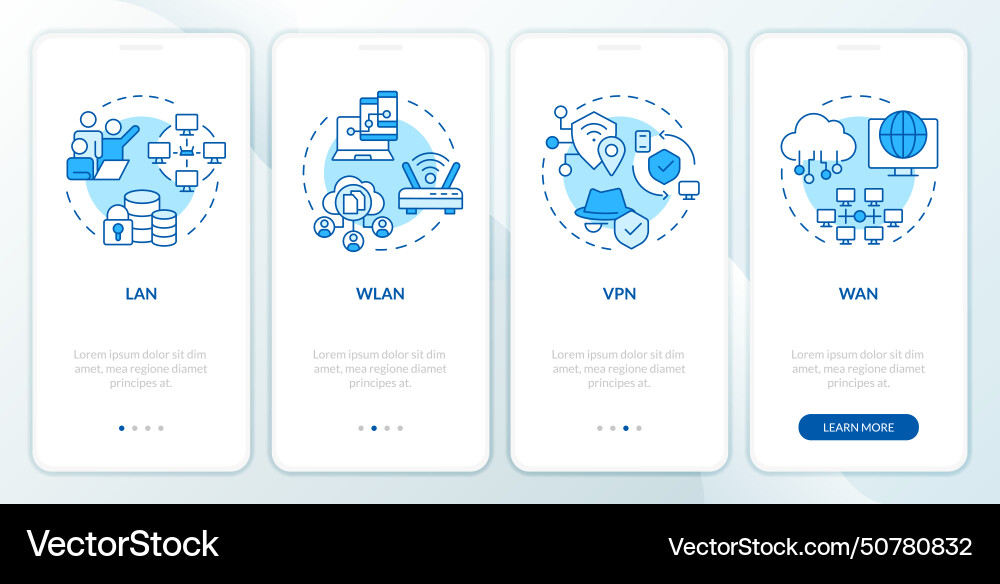 Types of network blue onboarding mobile app screen