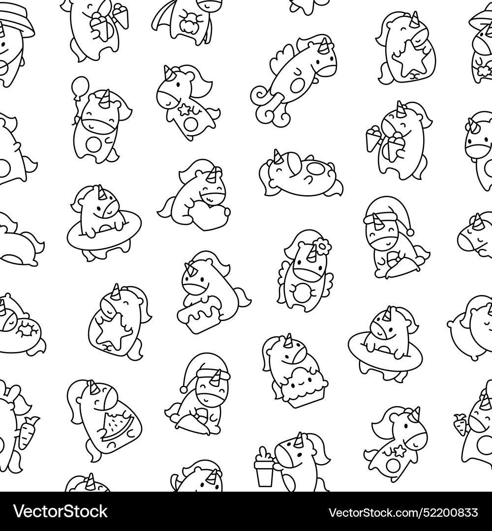 Cute kawaii happy unicorn coloring page Royalty Free Vector