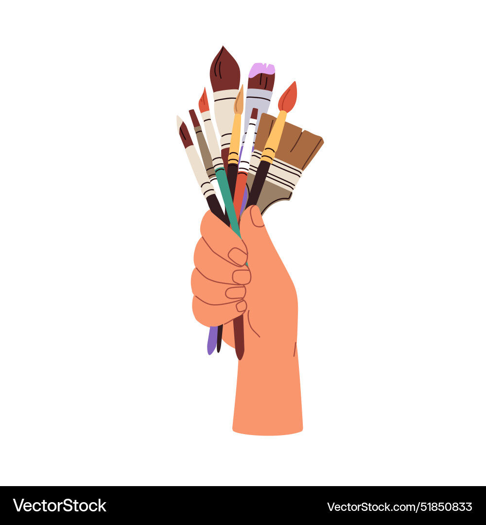 Paint brushes in hand holding paintbrushes art Vector Image