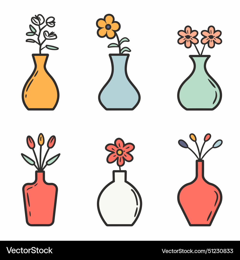 Six colorful vases flowers line art Royalty Free Vector