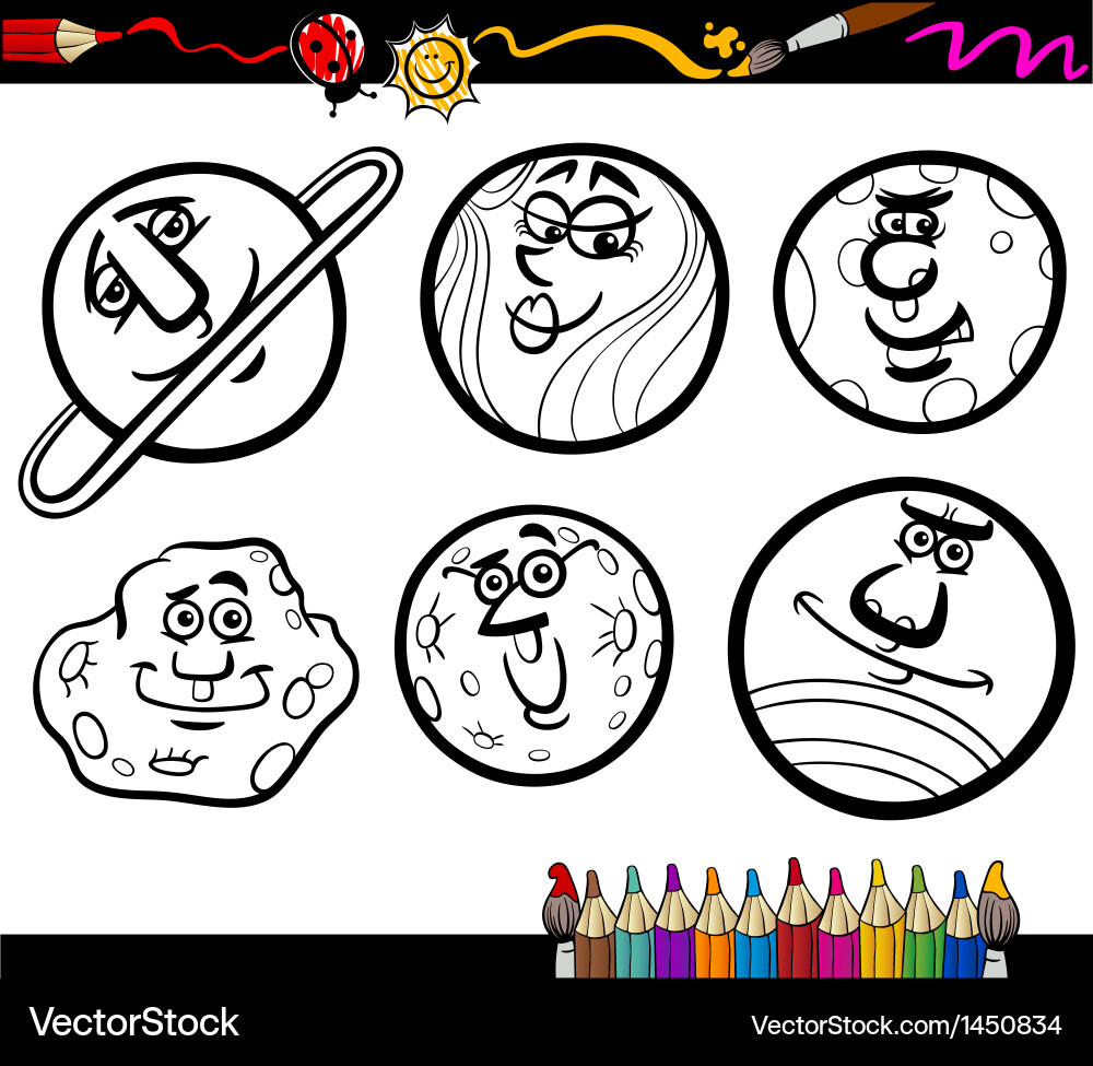 Cartoon planets and orbs coloring page Royalty Free Vector
