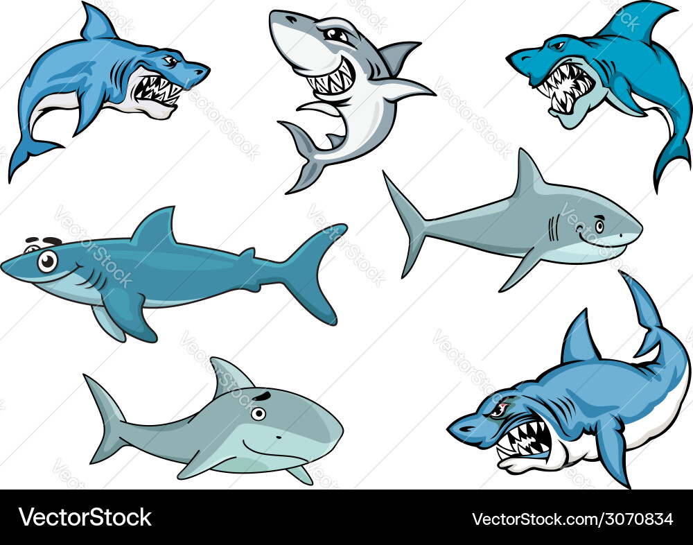 Cartoon sharks with various expressions Royalty Free Vector
