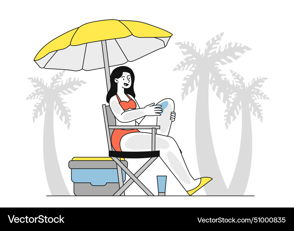 Woman applies sunscreen linear Royalty Free Vector Image