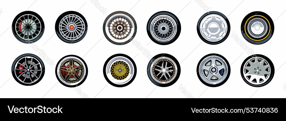 Collection of car wheels with different rim Vector Image