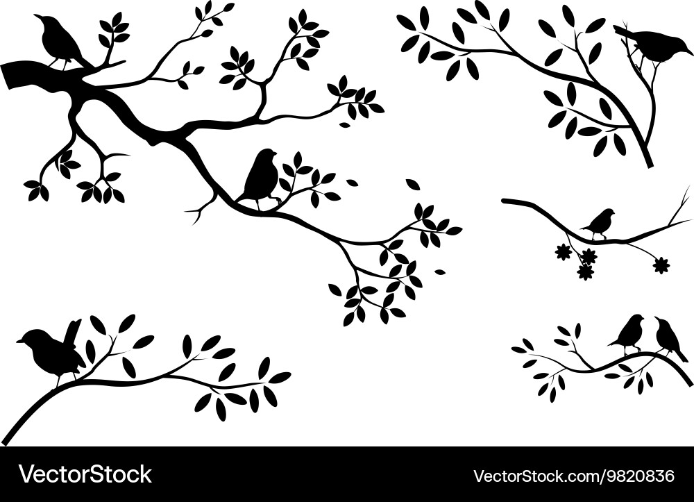 Collection of tree silhouette with bird Royalty Free Vector