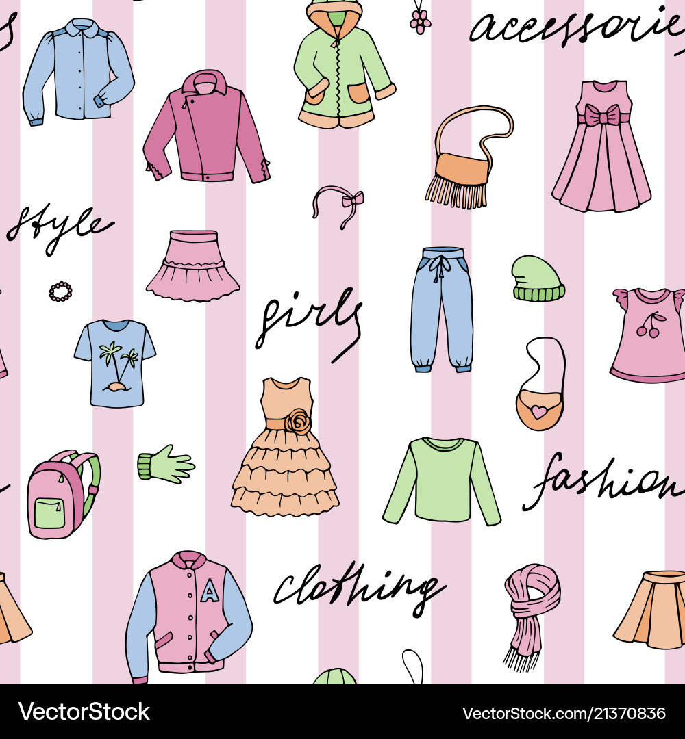 Girls clothes and lettering doodle srtiped Vector Image