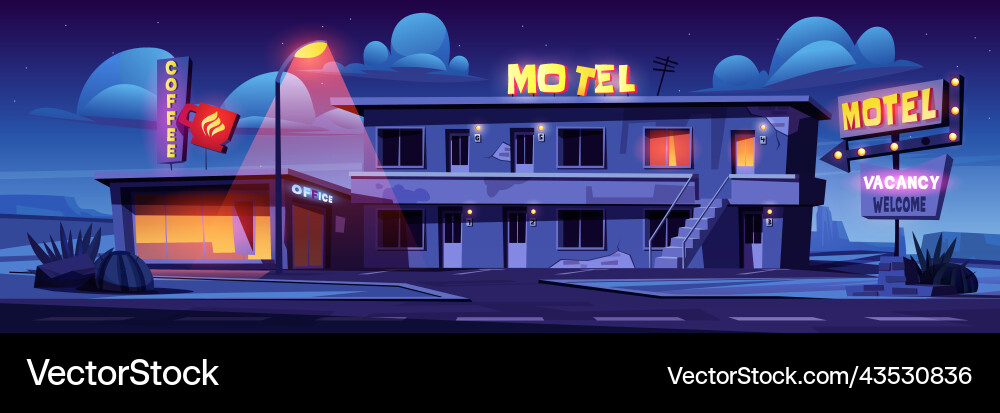 Motel at night highway roadside building facade Vector Image