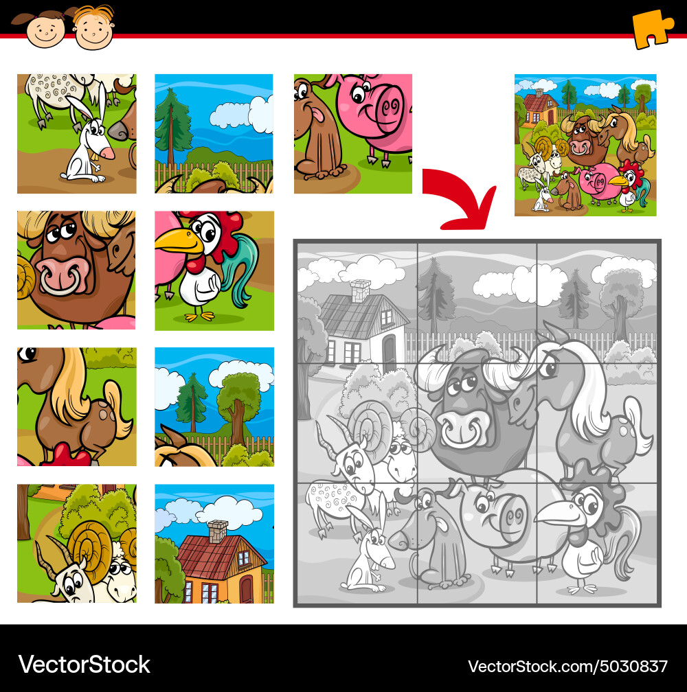 Farm animals jigsaw puzzle game Royalty Free Vector Image