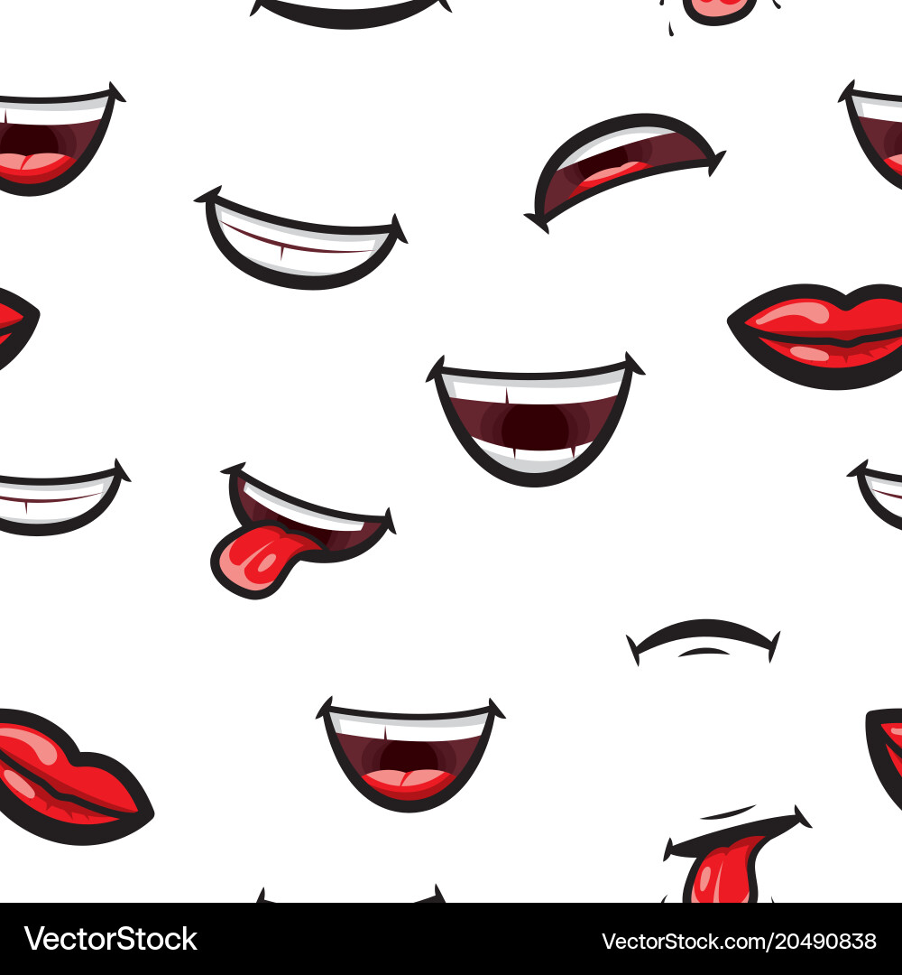 Pattern smiling lips mouth with tongue white Vector Image