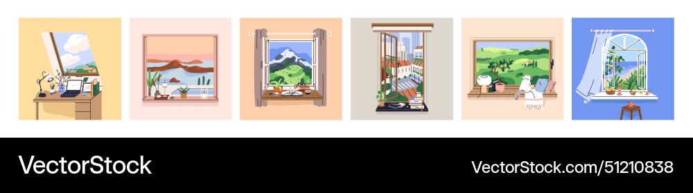 Views from cozy homes look out open windows Vector Image