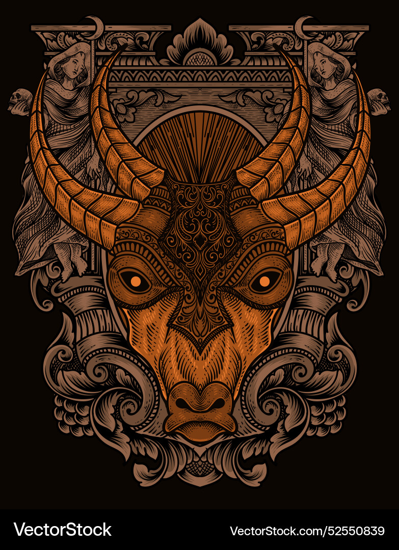 Cow head with engraving ornament Royalty Free Vector Image