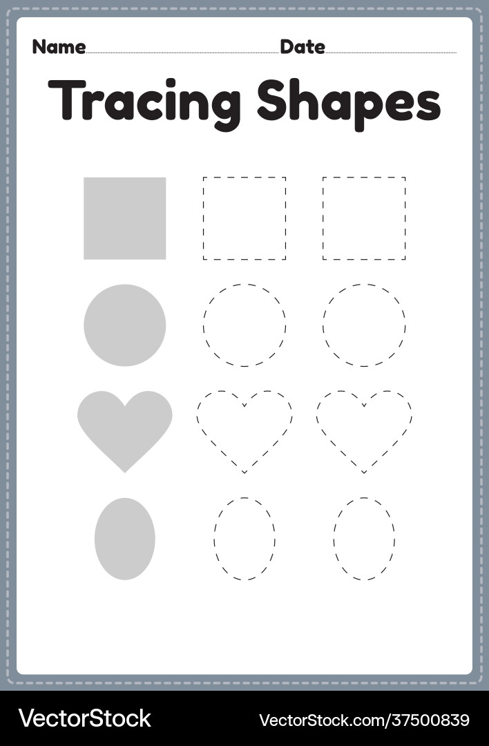 Tracing shapes worksheet for kindergarten Vector Image