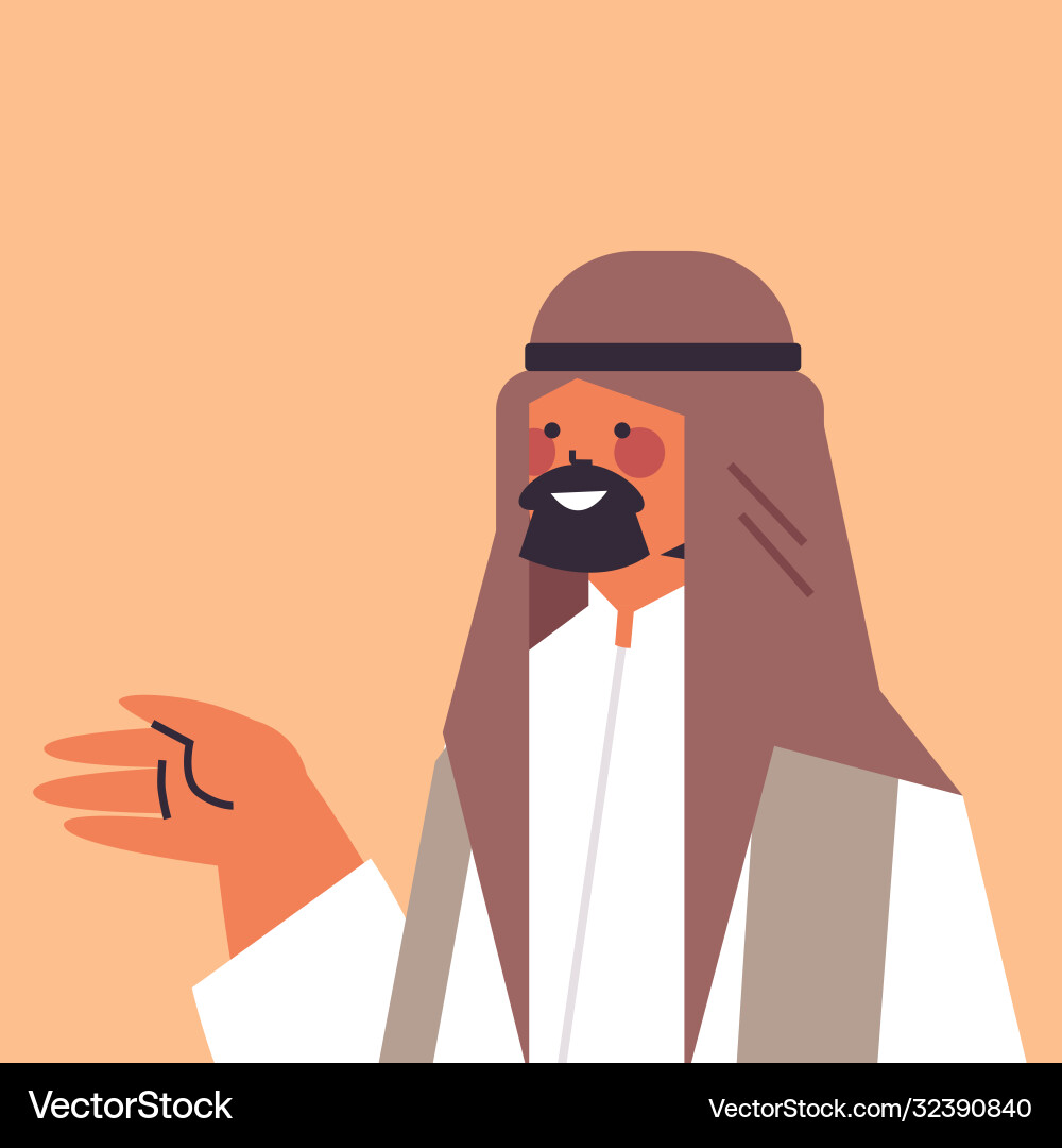 Arabic man in traditional clothes pointing hand Vector Image