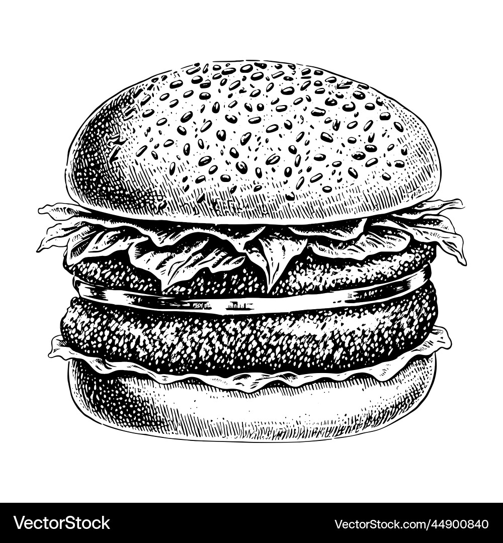 Big burger hamburger hand drawn sketch Royalty Free Vector