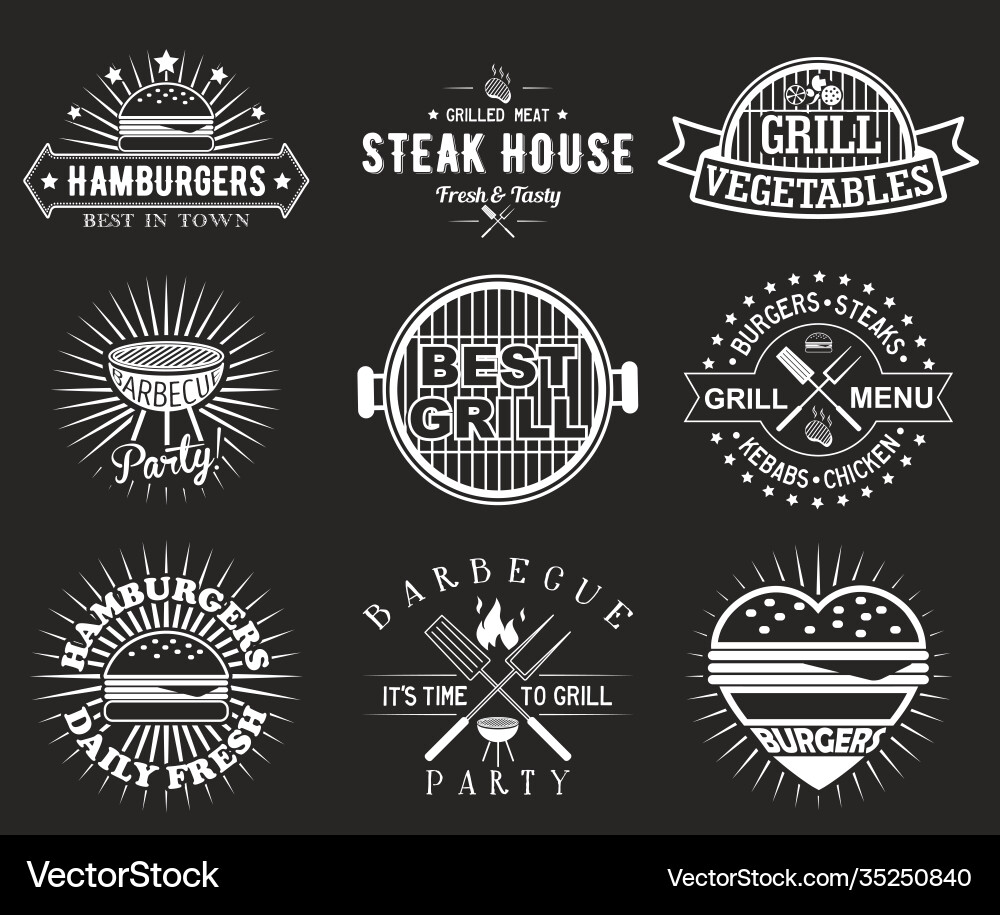 White bbq grill logo label badge emblem set Vector Image