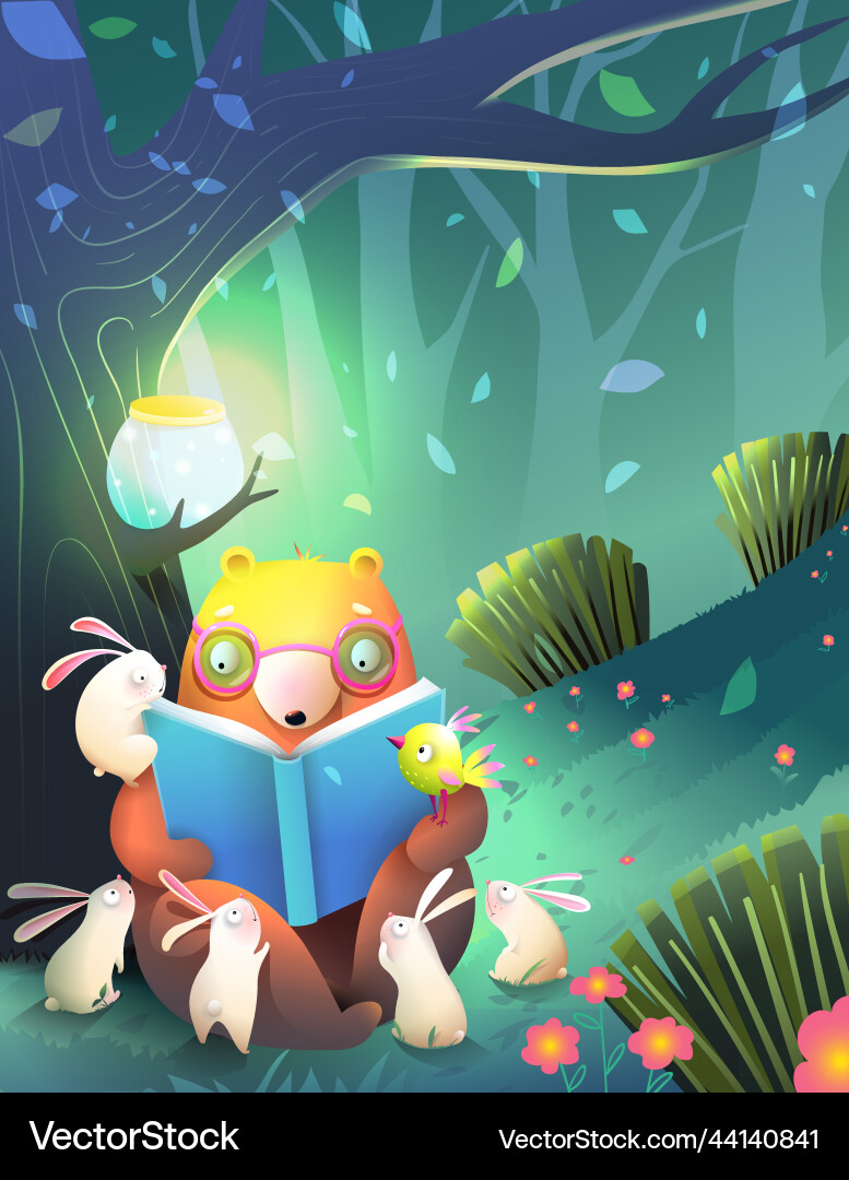 Bear reading a story book to rabbits in forest Vector Image