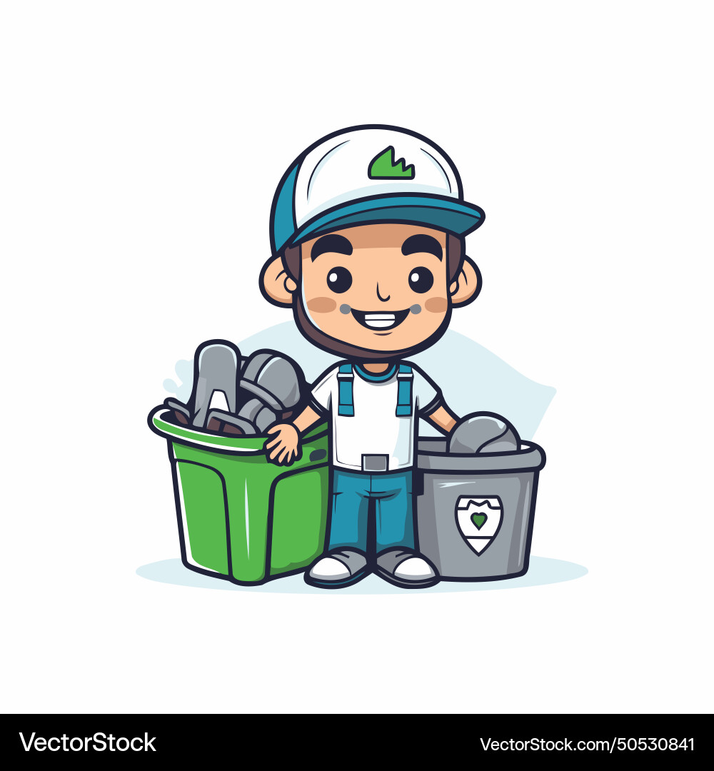 Cartoon worker with trash can and garbage bin Vector Image