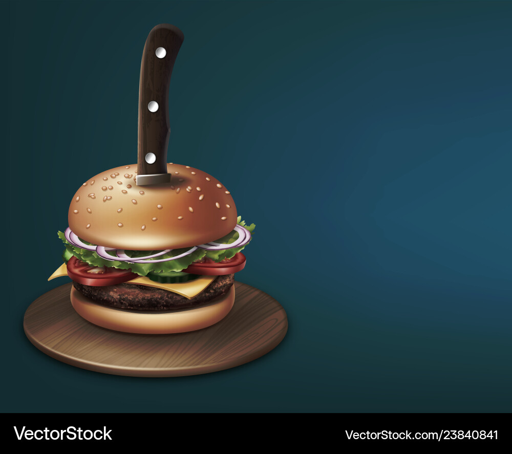 Cheeseburger stabbed with a knife on round wooden Vector Image