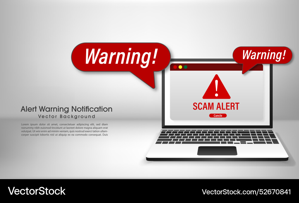 Scam alert message on browser window beware Vector Image
