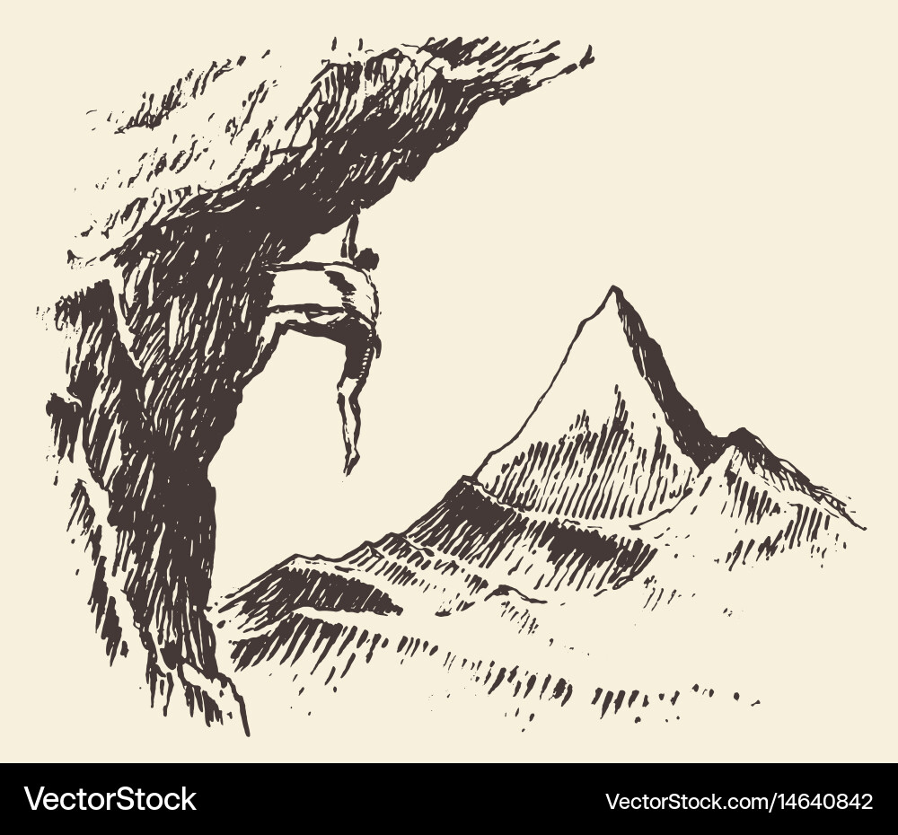 Alpinist mountain peak drawn sketch Royalty Free Vector