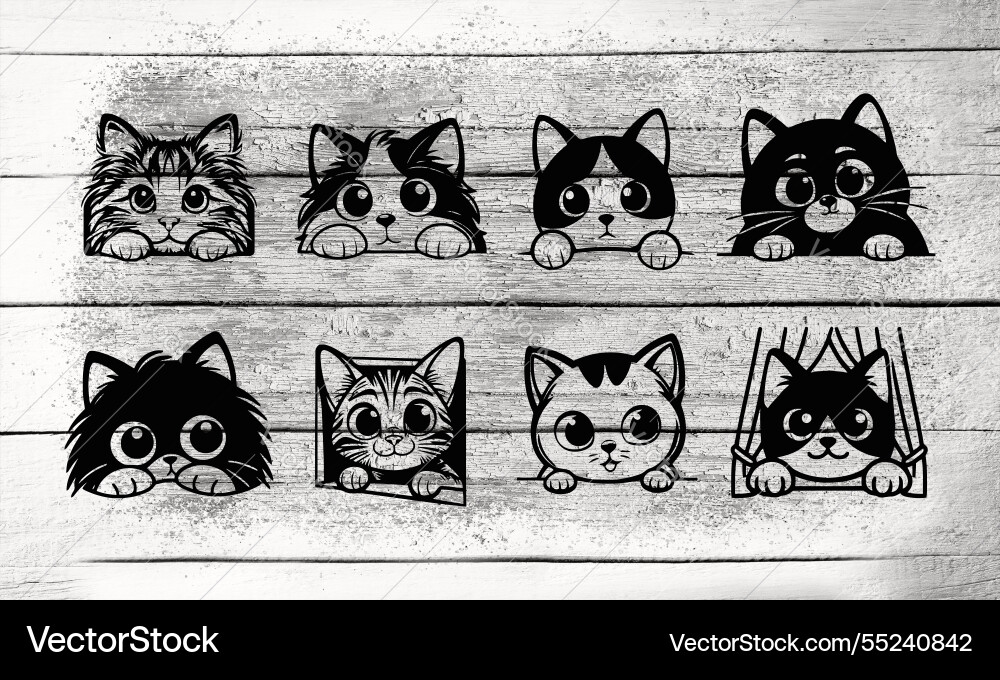 Cute peeking cats black silhouette artwork Vector Image