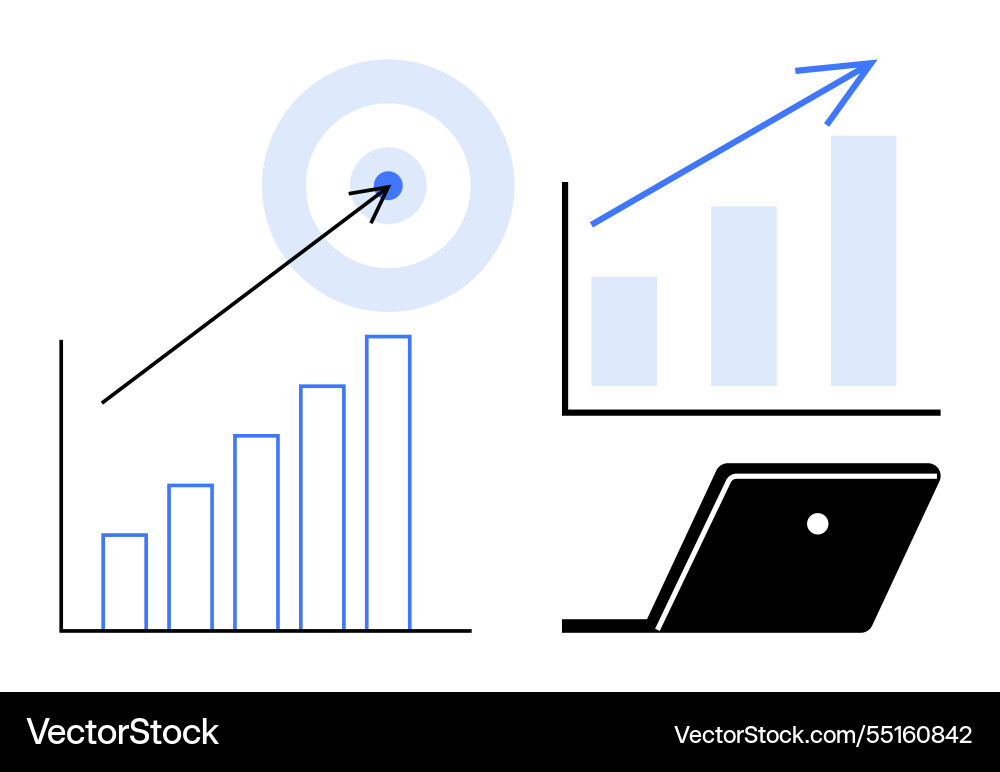 Growth bar chart target bullseye and laptop Vector Image