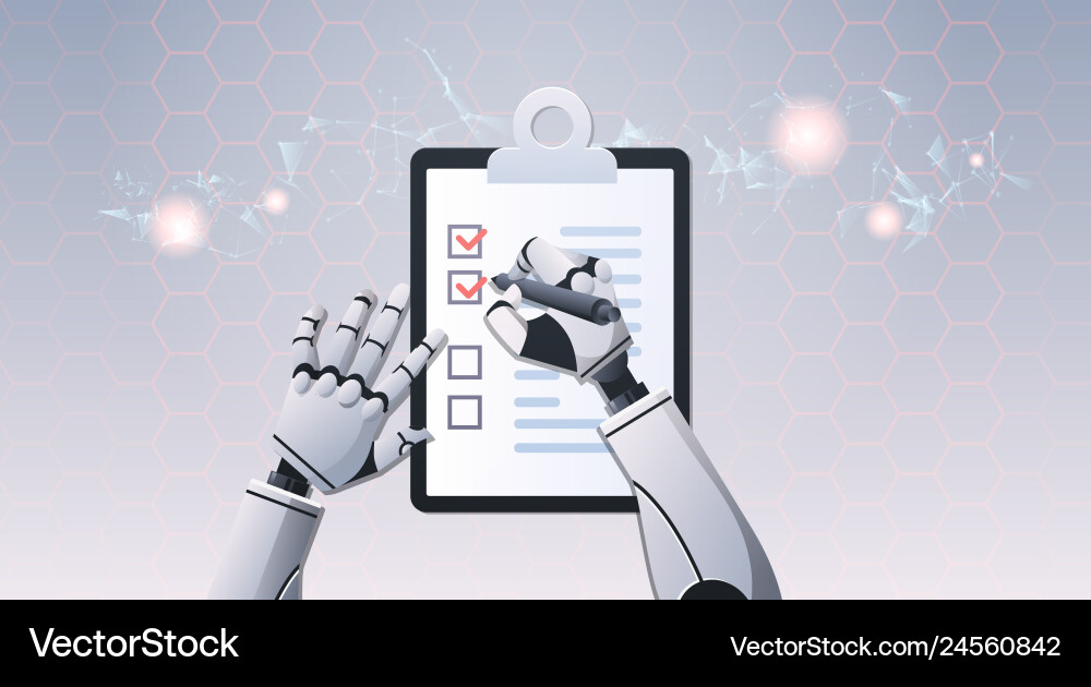 Robot hands holding check list paper document Vector Image