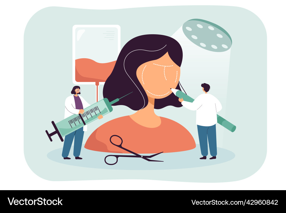 Tiny medical professionals examining huge face Vector Image