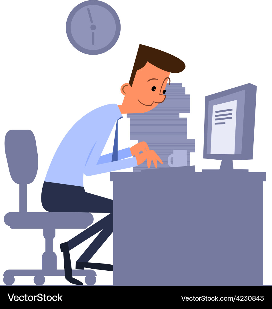 Cartoon Man Typing on Desk Royalty Free Vector Image