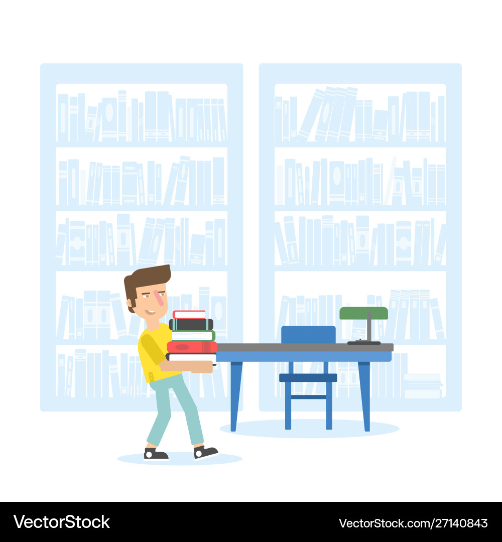 Kid in school library flat Royalty Free Vector Image