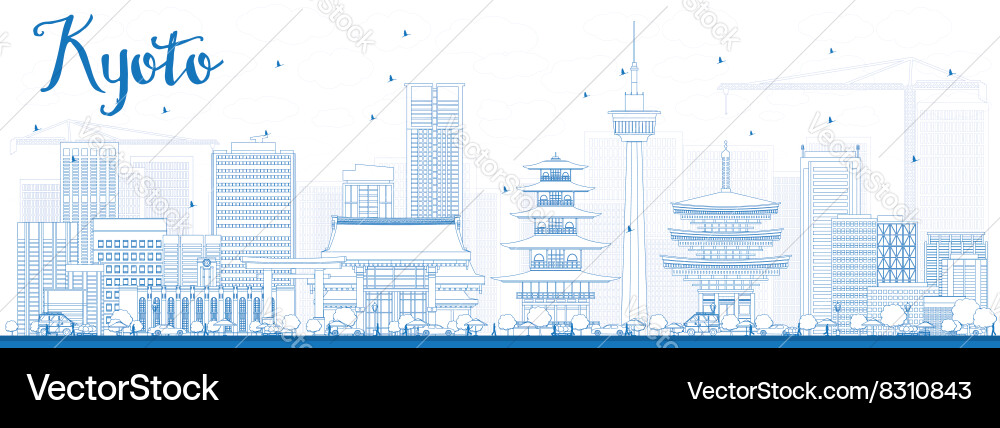 Outline kyoto skyline with blue landmarks Vector Image
