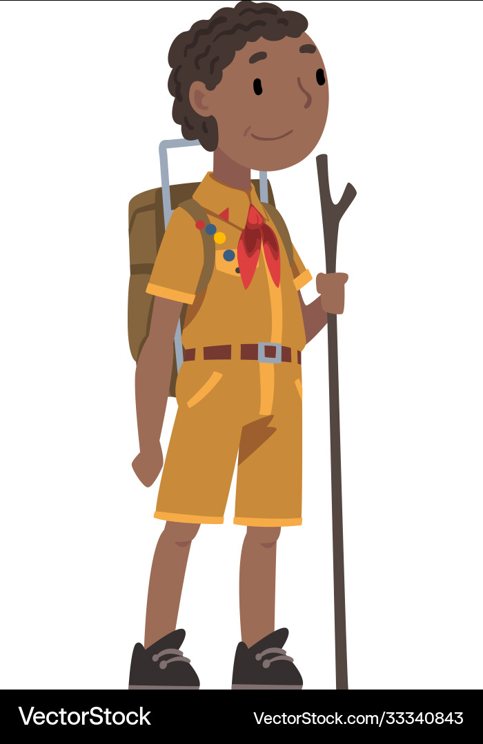 Scout boy with backpack and wooden stick scouting Vector Image