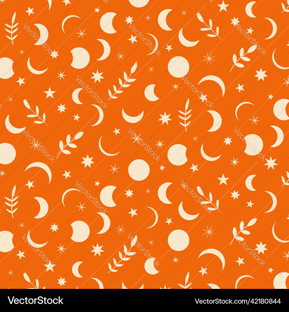 Boho moon phases seamless pattern on orange Vector Image