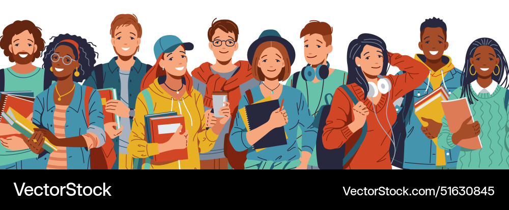 Diverse students embracing and posing together Vector Image
