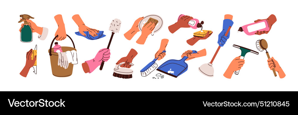 Hands holding cleaning tools brush cloth wiper Vector Image