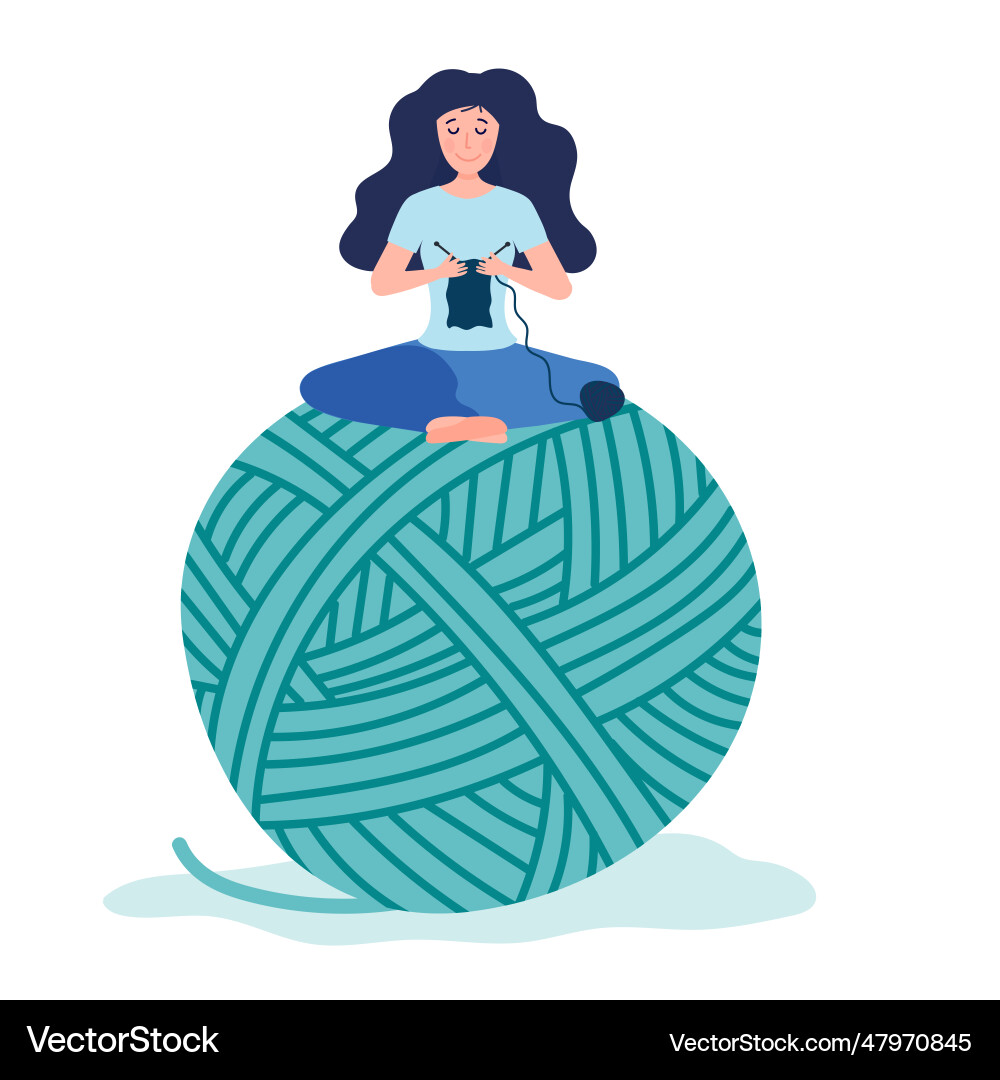 Happy tiny creative woman knitting and sitting Vector Image