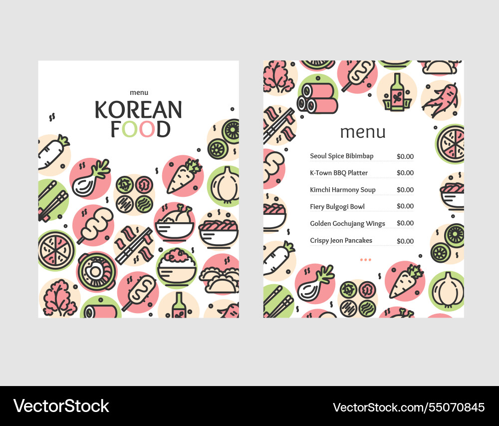 Korean food menu card template set with thin line Vector Image