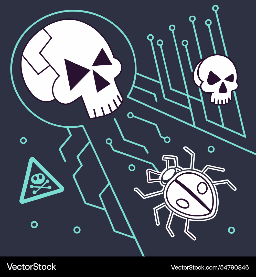 Cyberattack symbols like skulls and bugs threat Vector Image