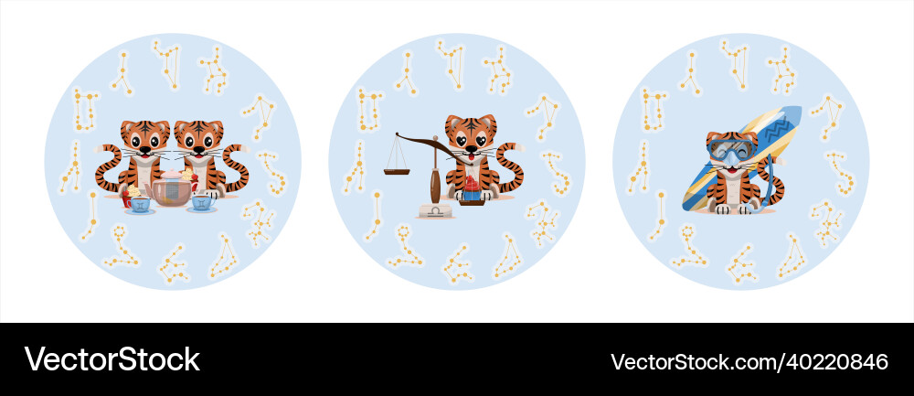 Tiger cub with gemini aquarius libra zodiac sign Vector Image