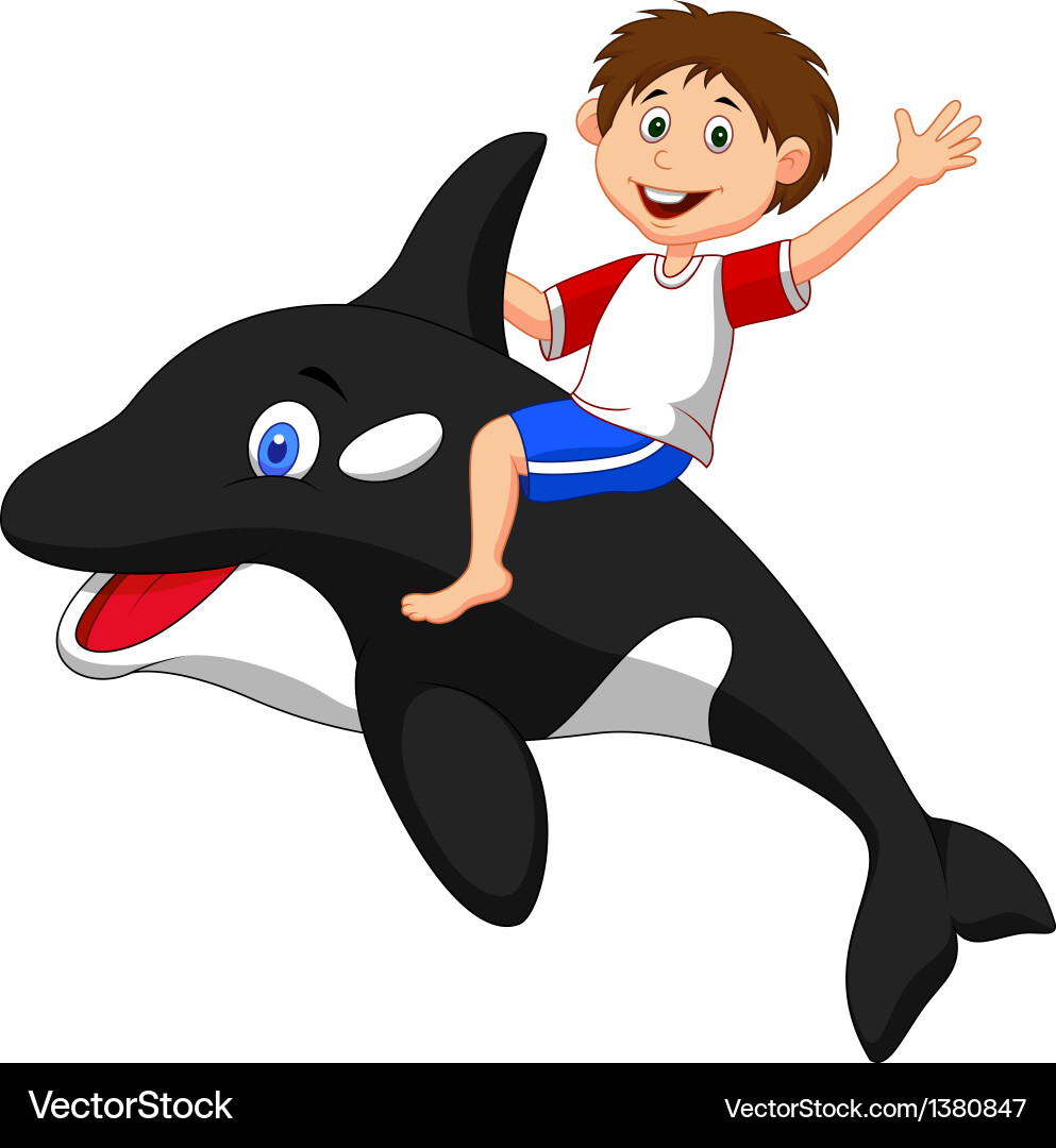 Cartoon boy riding orca Royalty Free Vector Image