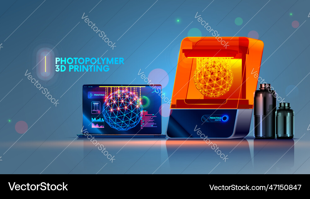 Sla or dlp 3d printer on desktop laptop Royalty Free Vector