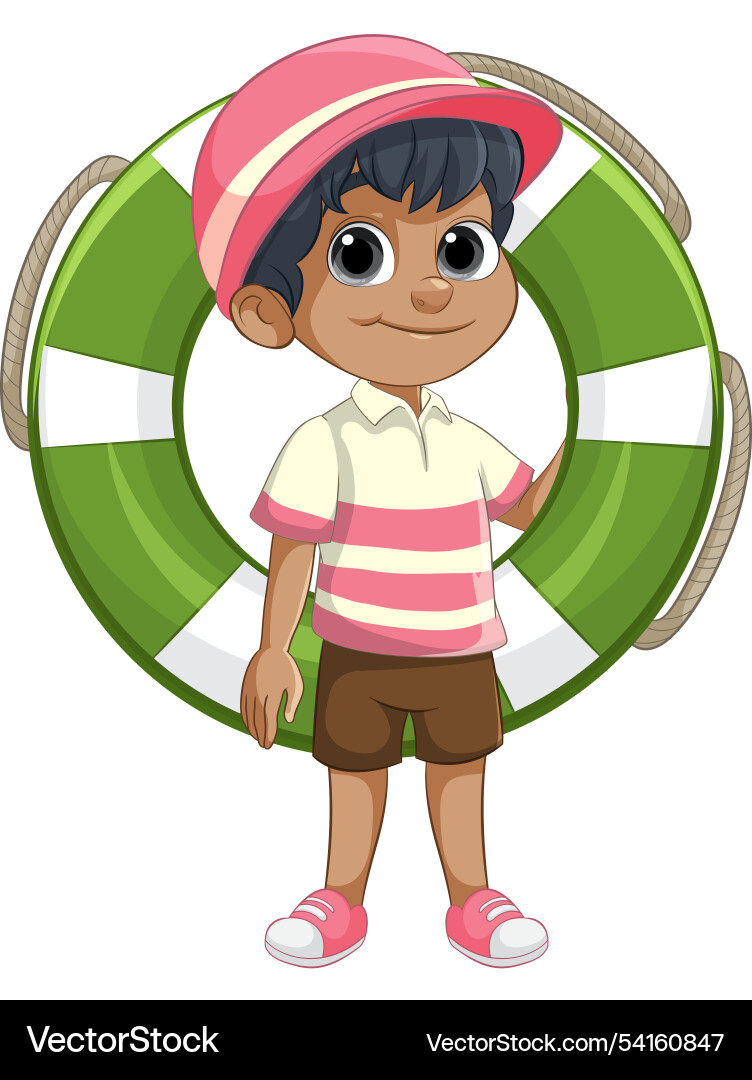 Smiling boy standing with a lifebuoy Royalty Free Vector