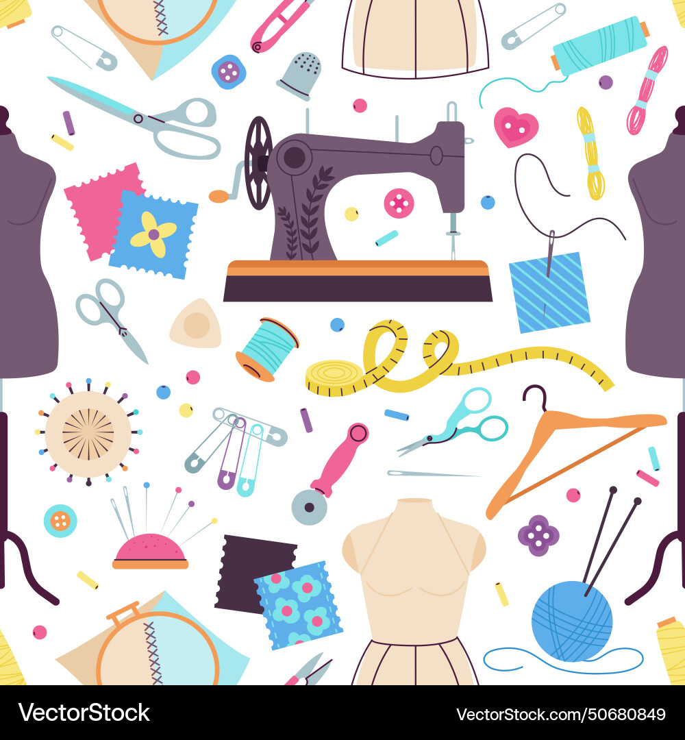 Needlework seamless pattern sewing machine Vector Image