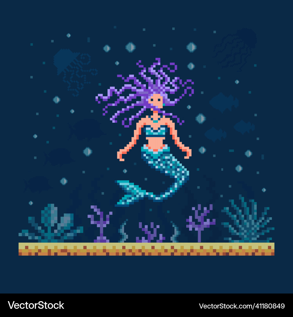 Pixel art mermaid on sea bottom landscape Vector Image