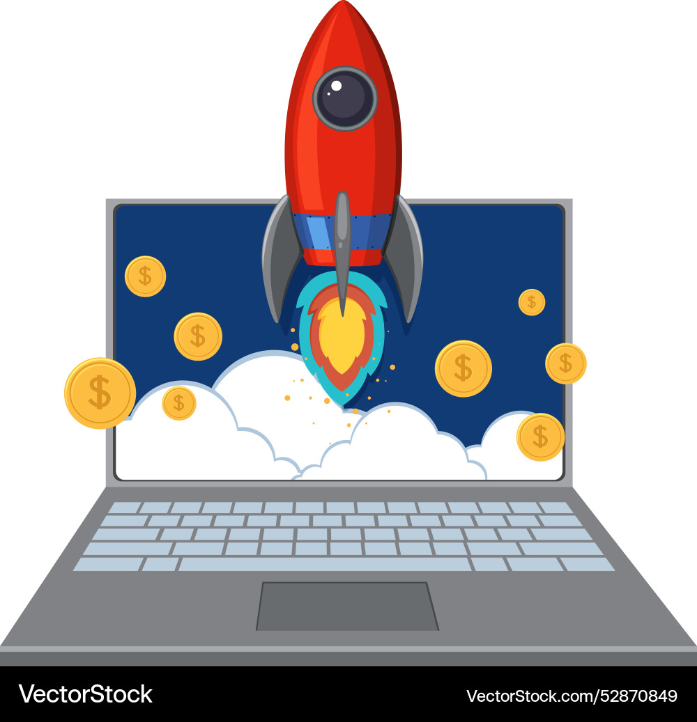 Rocket launching from laptop with coins Royalty Free Vector