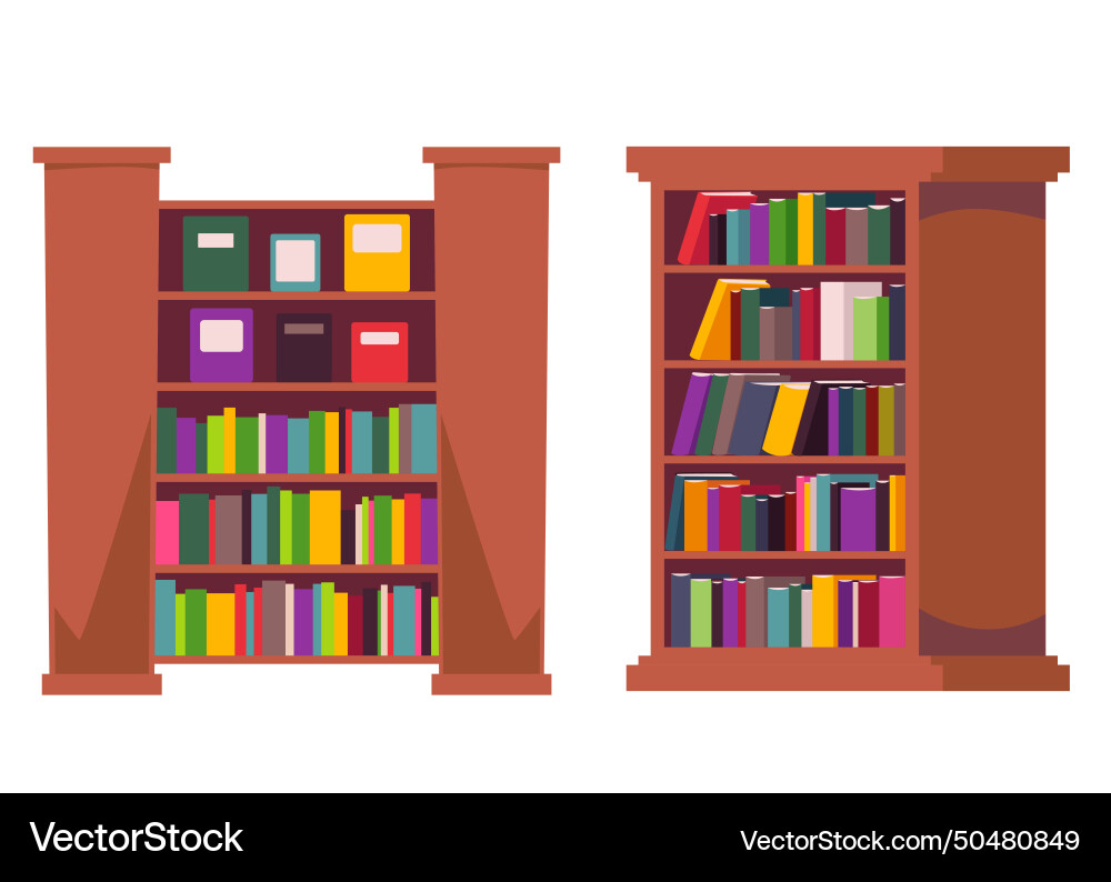 Wooden bookcases with bright books and folders Vector Image
