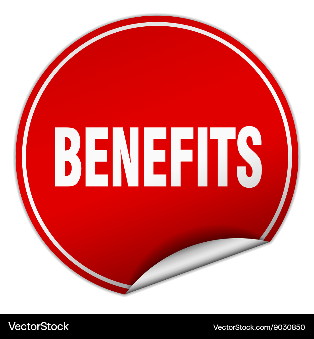 Benefits round red sticker isolated on white Vector Image