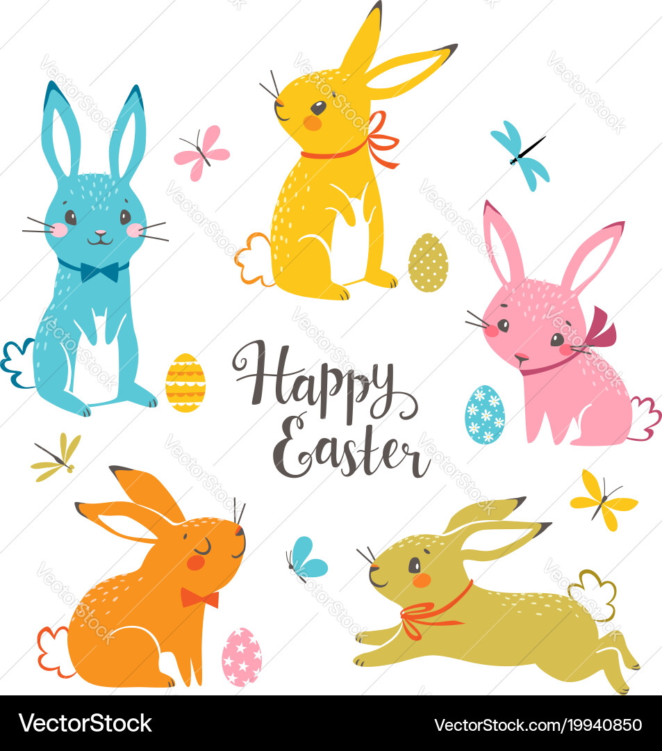 Colorful Easter Bunnies & Butterflies Vector Image